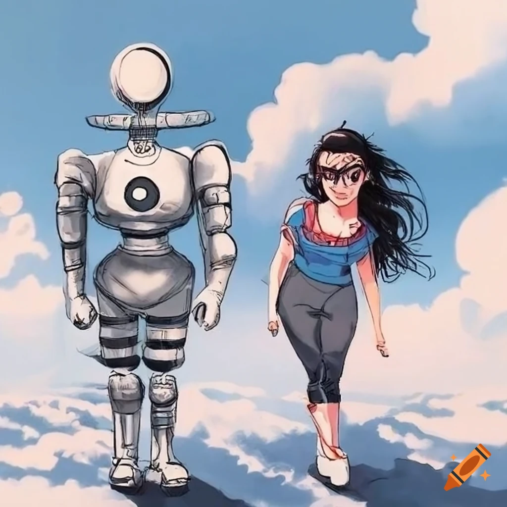 2 figures. Woman and metal man. Robot man Katsuhiro otomo pencil ...