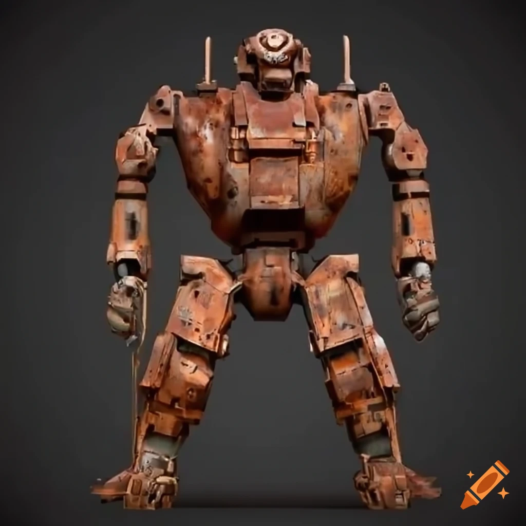 Realistic gigantic rusty mecha in front view
