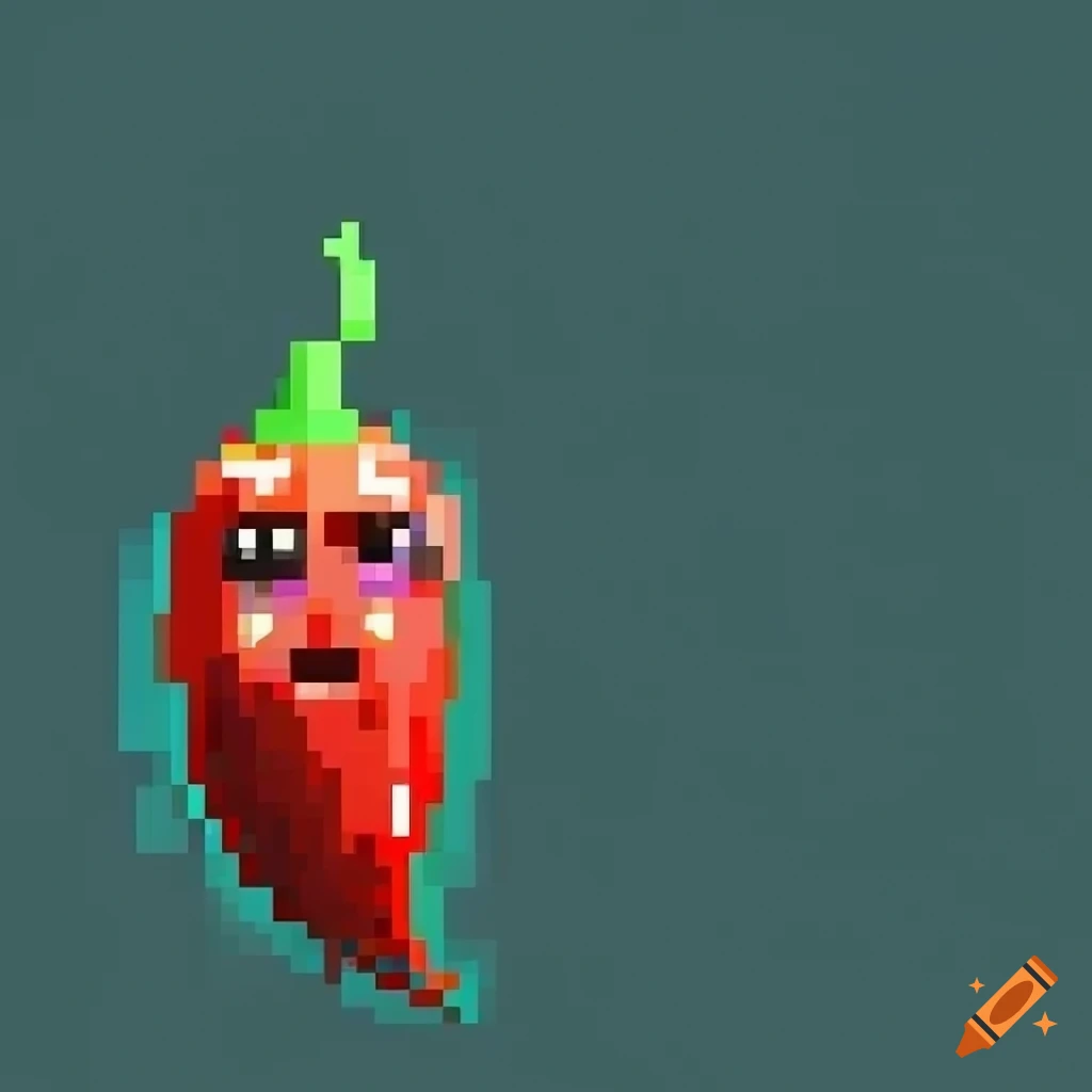 An animated pixel art chili pepper with a mischievous expression