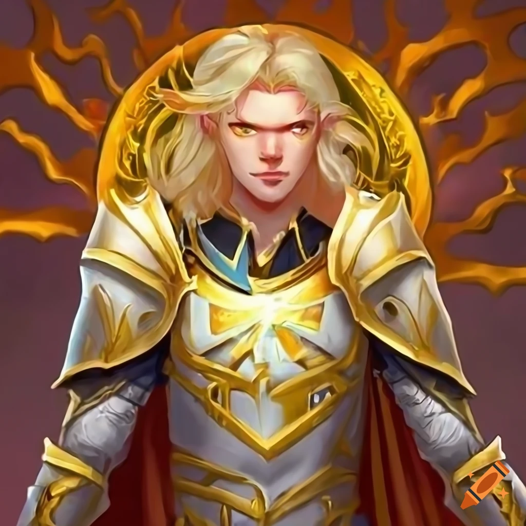 Male sun paladin elf long blond hair with Orange eyes in gold armor praying 4k Art on Craiyon