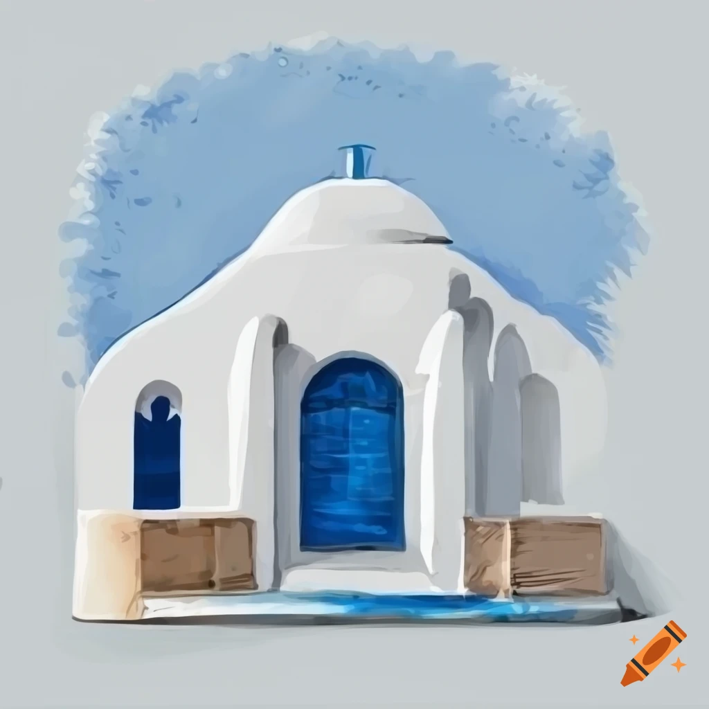 Drawing illustration of white and blue greek home with white background