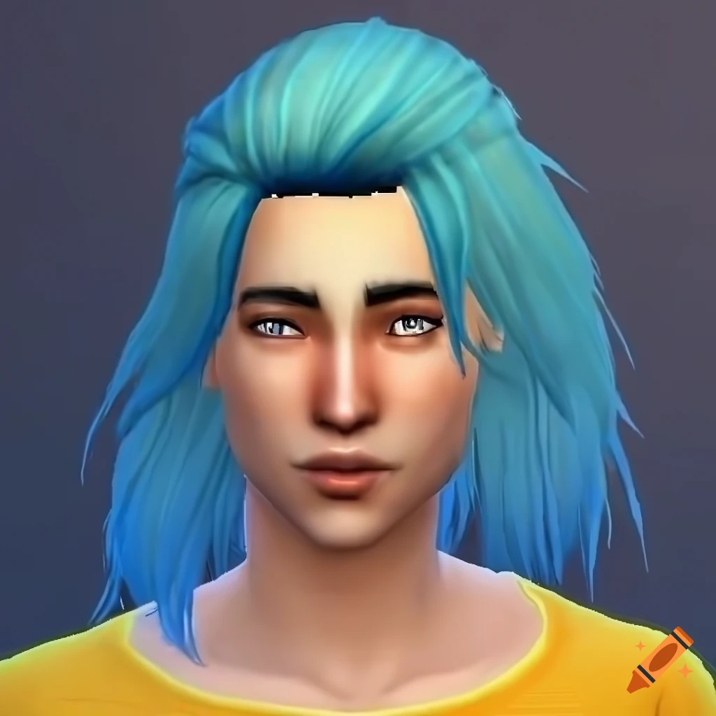Guy with blue long hair, yellow sweater in the sims 4 on Craiyon