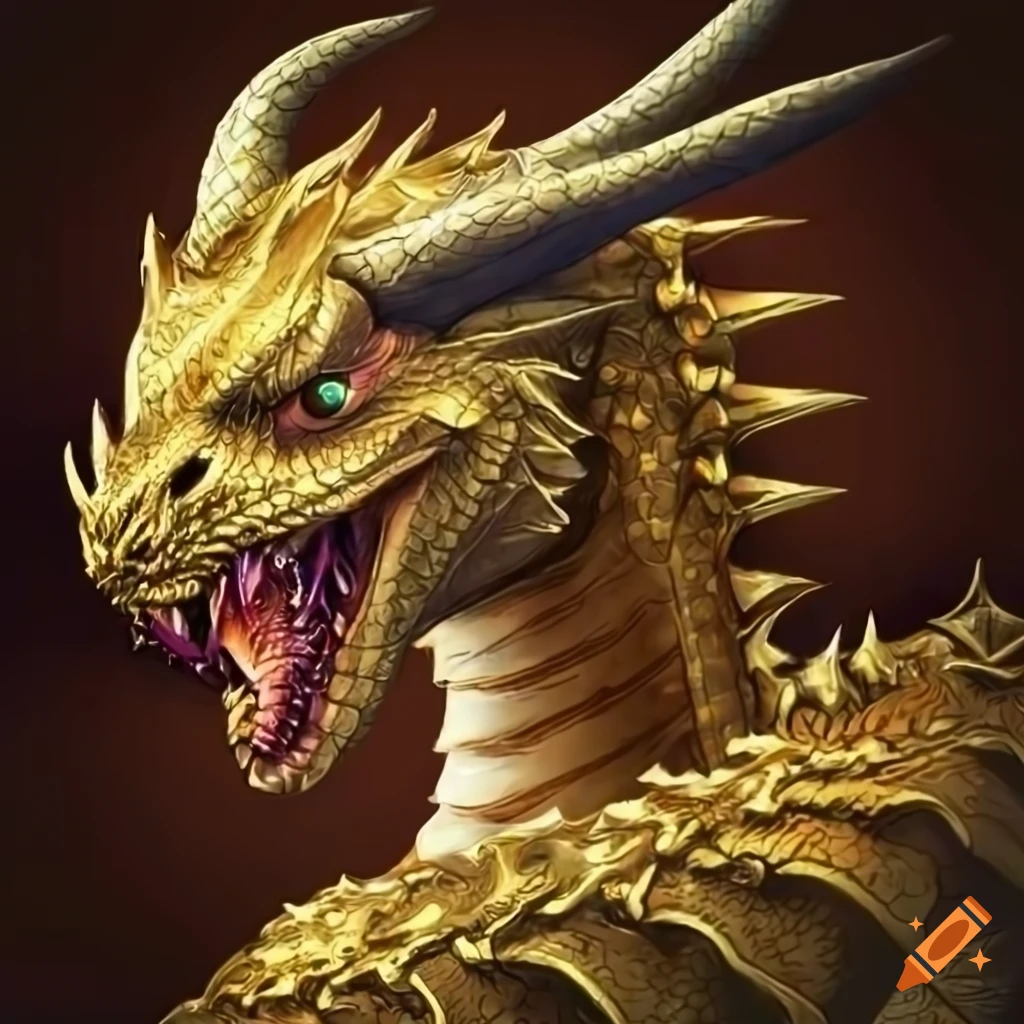 Anthro gold dragon with ivory-colored spikes and horns on Craiyon