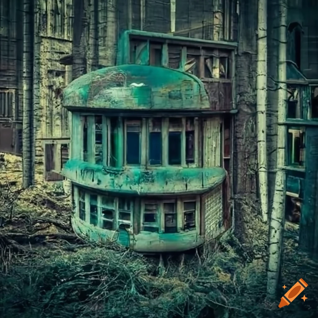 1950 retro futuristic fallout building in the forest made of trees on ...