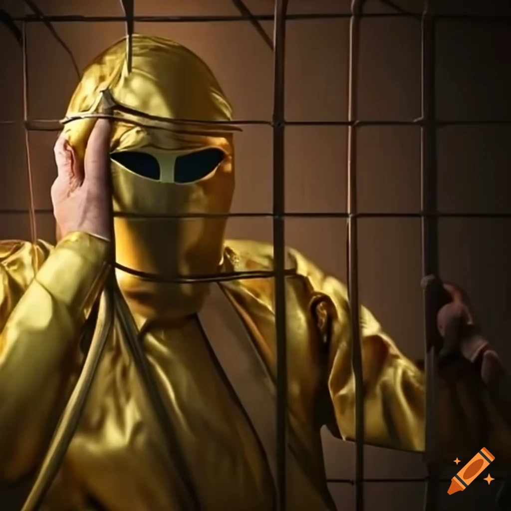A person wearing a golden suit trapped in a cage