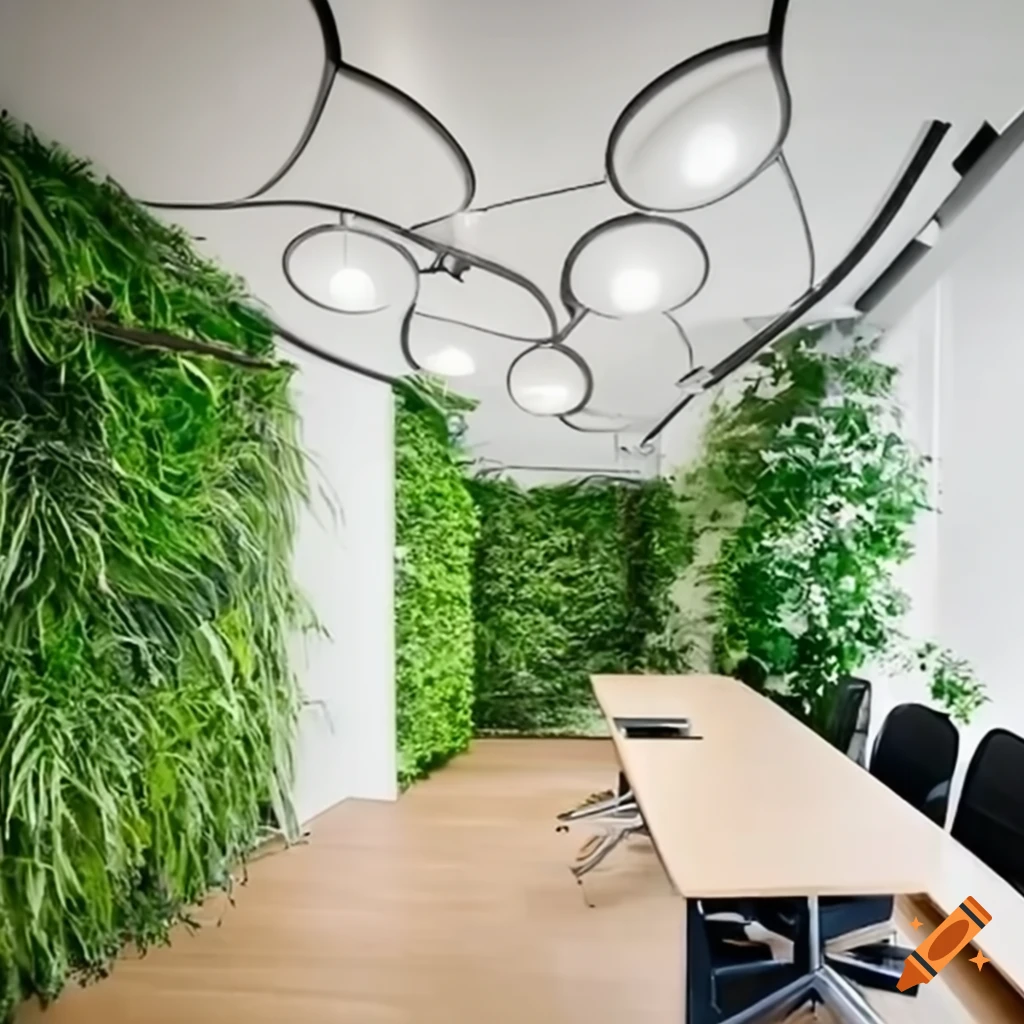 A sleek, minimalist office space with natural lighting and greenery on ...