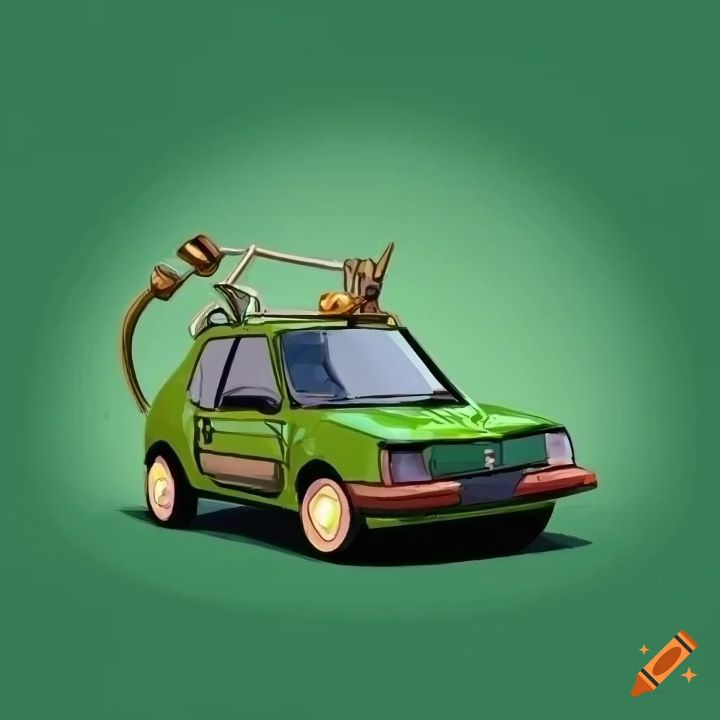 Cartoon of a green peugeot 205, steampunk inspired, right side view