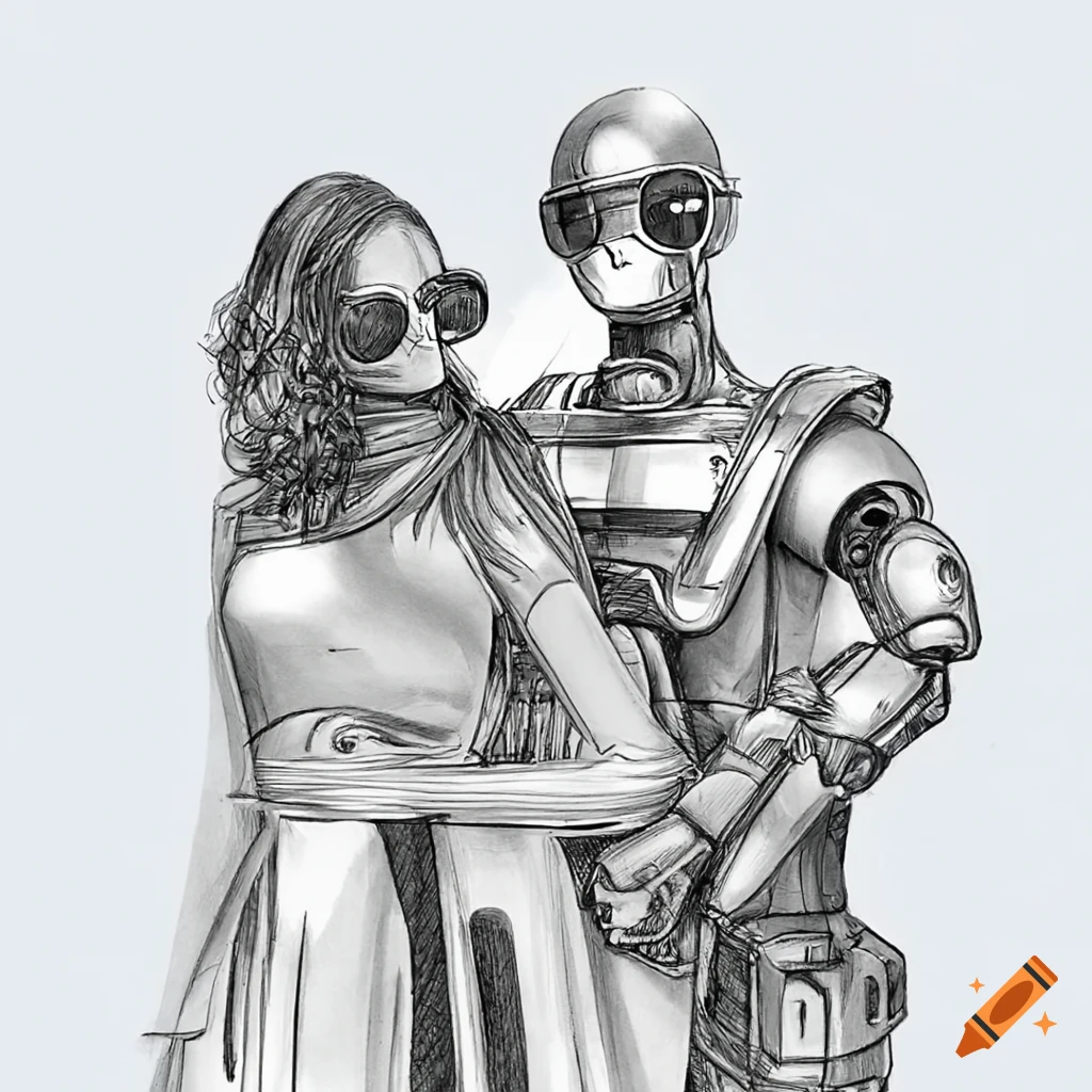2 figures. Woman and metal man. Robot man Katsuhiro otomo pencil ...
