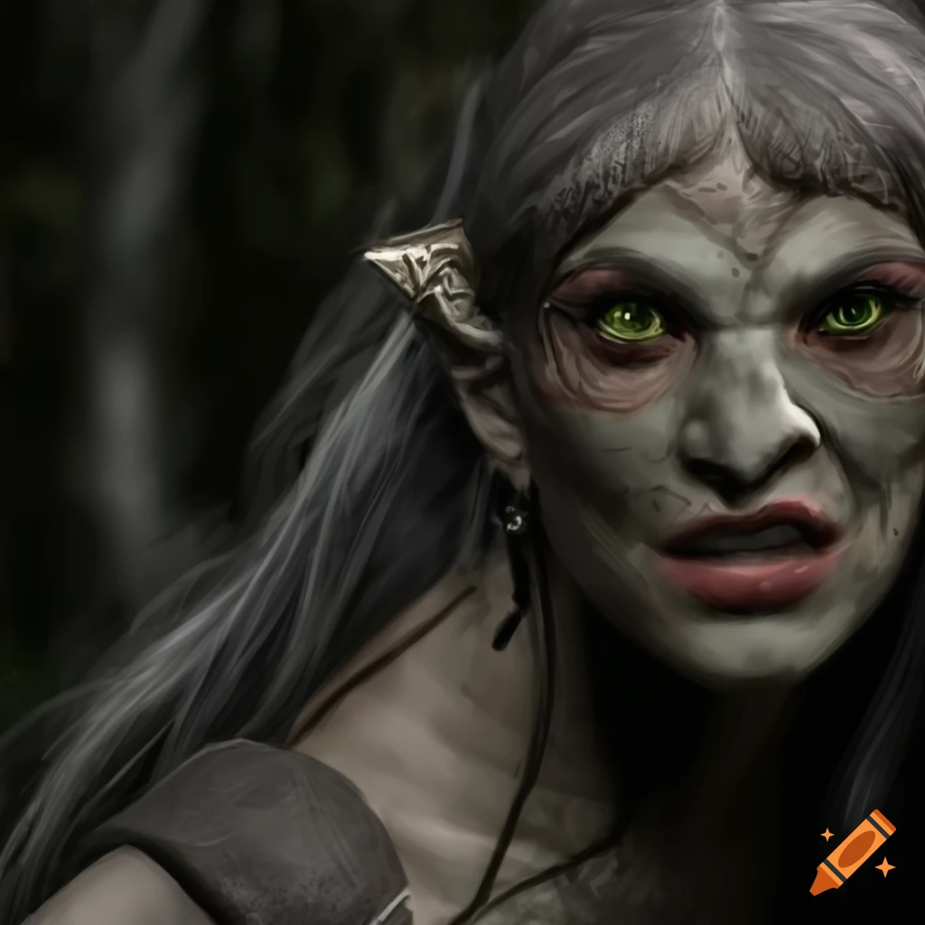A fierce warrior with grey skin, half-orc, half-human hybrid female on Craiyon