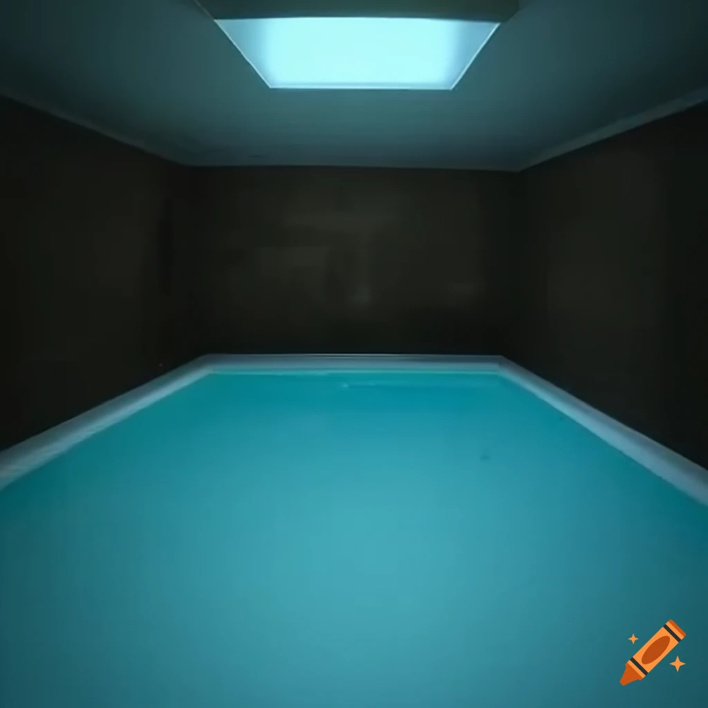 View of unsettling empty liminal underground swimming pool room on Craiyon