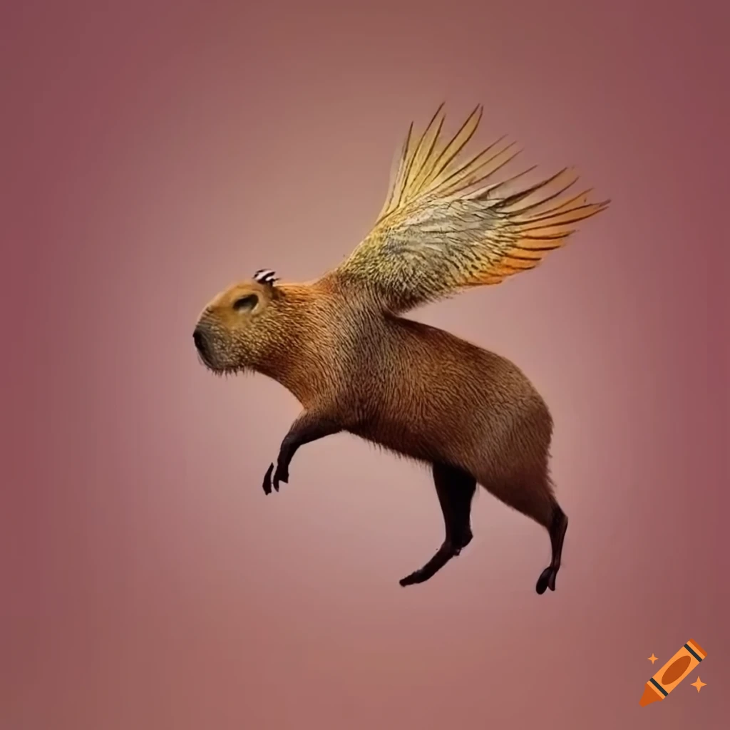 A whimsical illustration of a winged capybara in flight on Craiyon