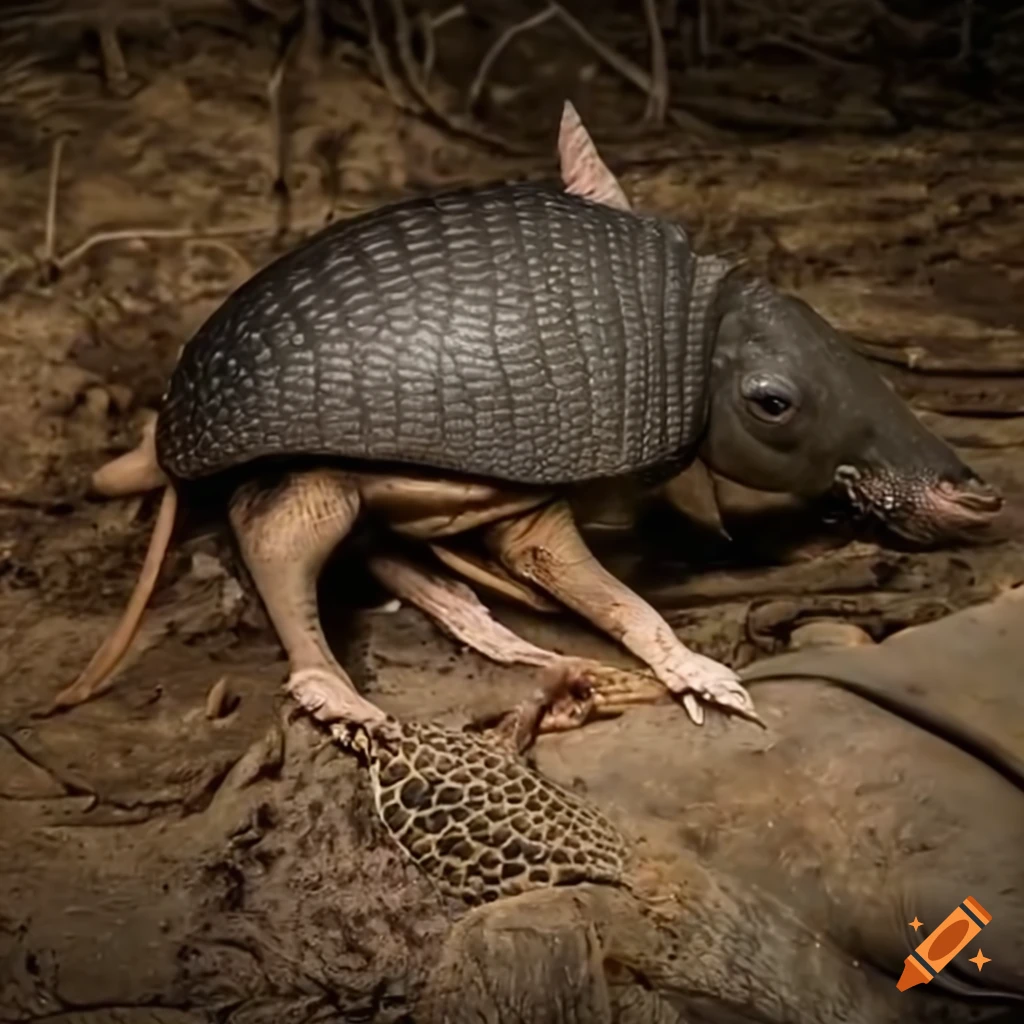 A bizarre amphibious hybrid creature with a mixture of walrus and wild boar, with a body armor ...