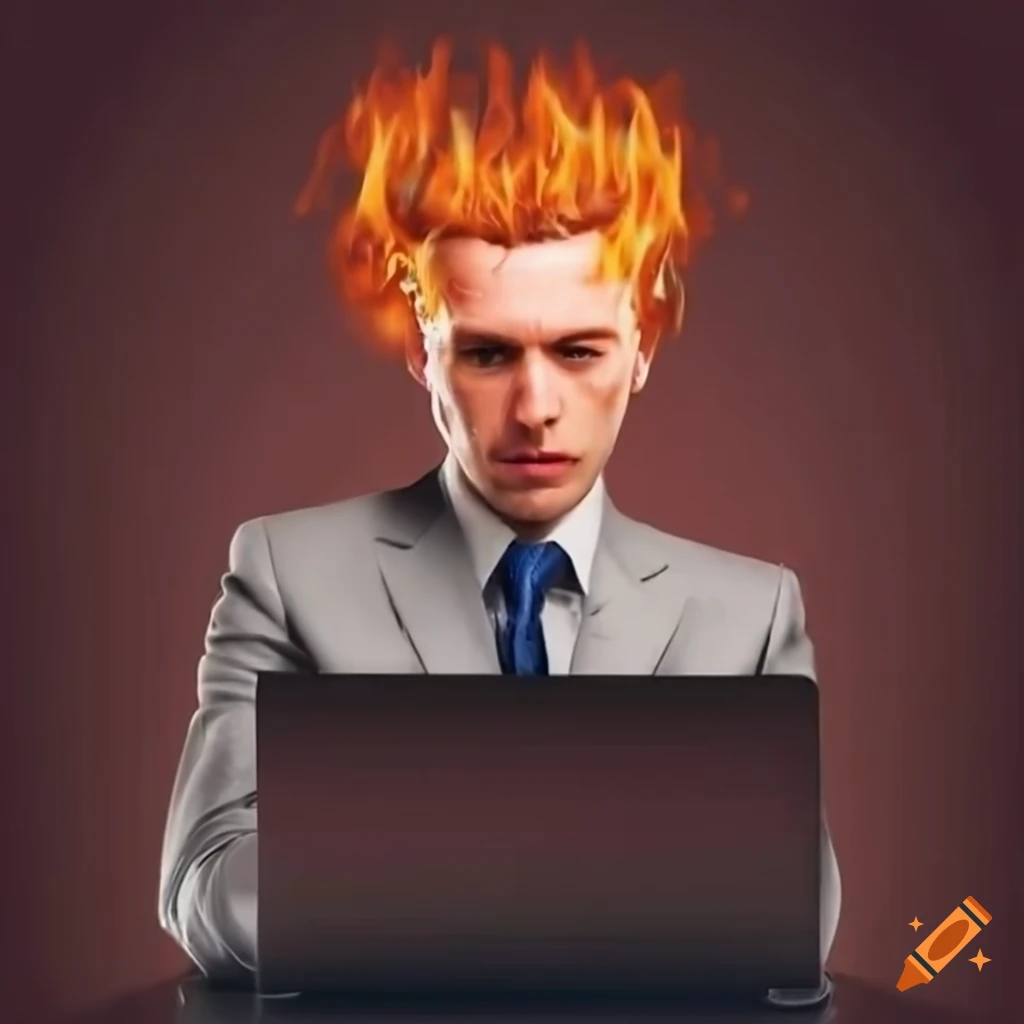 Businessman with flaming hair using computer on Craiyon