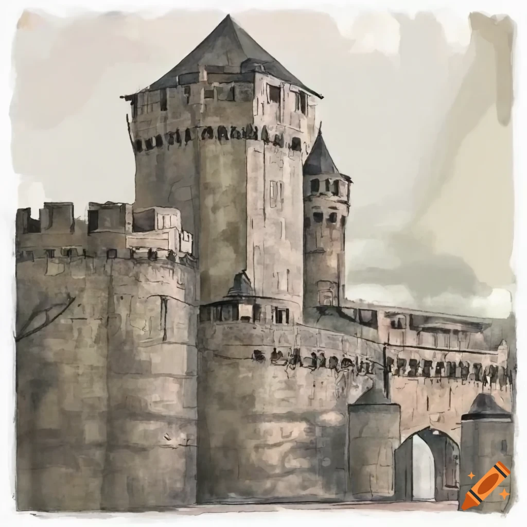 The gate of a large military fortress surrounded by high towers and ...