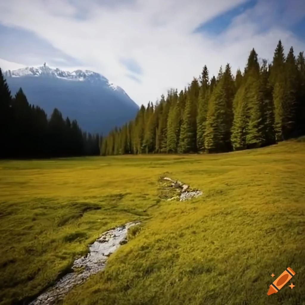 Mountain meadow in spring, ringed by pine trees and brush, with a ...