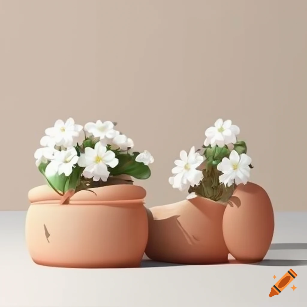 Cracked clay pots with white flowers isometric straight edges high quality