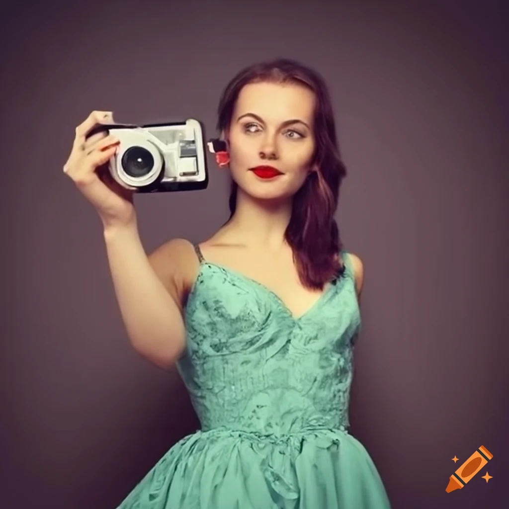 Vintage selfie of a woman with a polaroid camera, in a beautiful dress