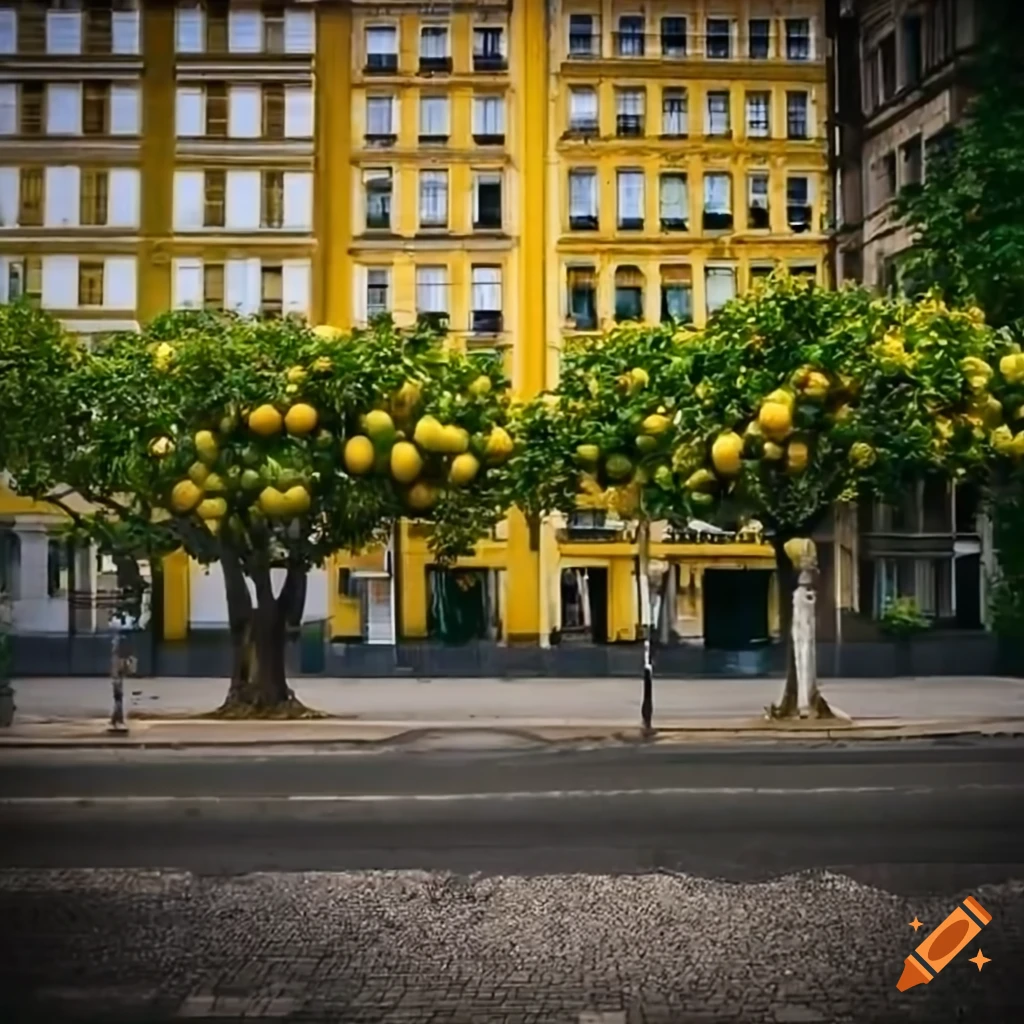 A large and busy city with yellow buildings and lemon trees with lots ...