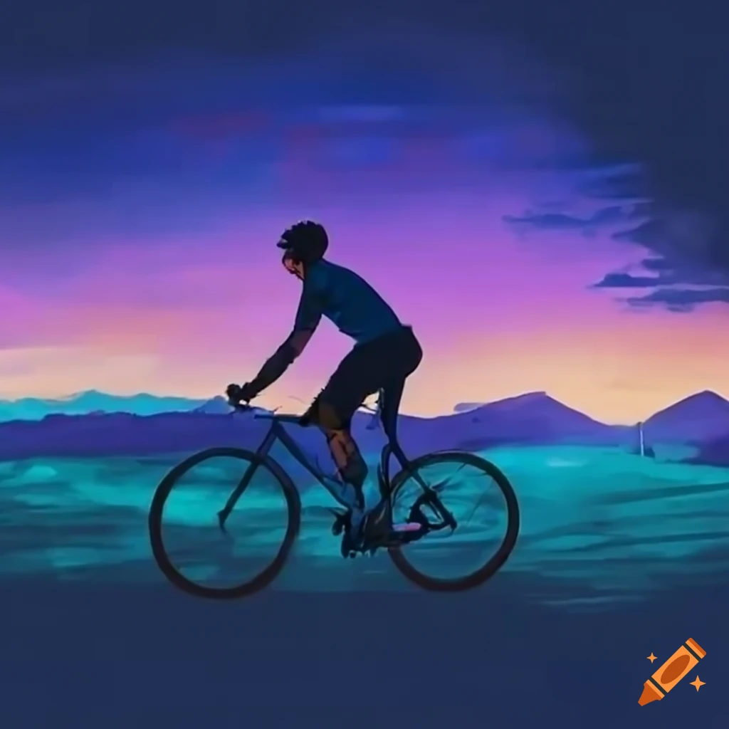 A cyclist riding a blue bike in the mountain at sunset on Craiyon