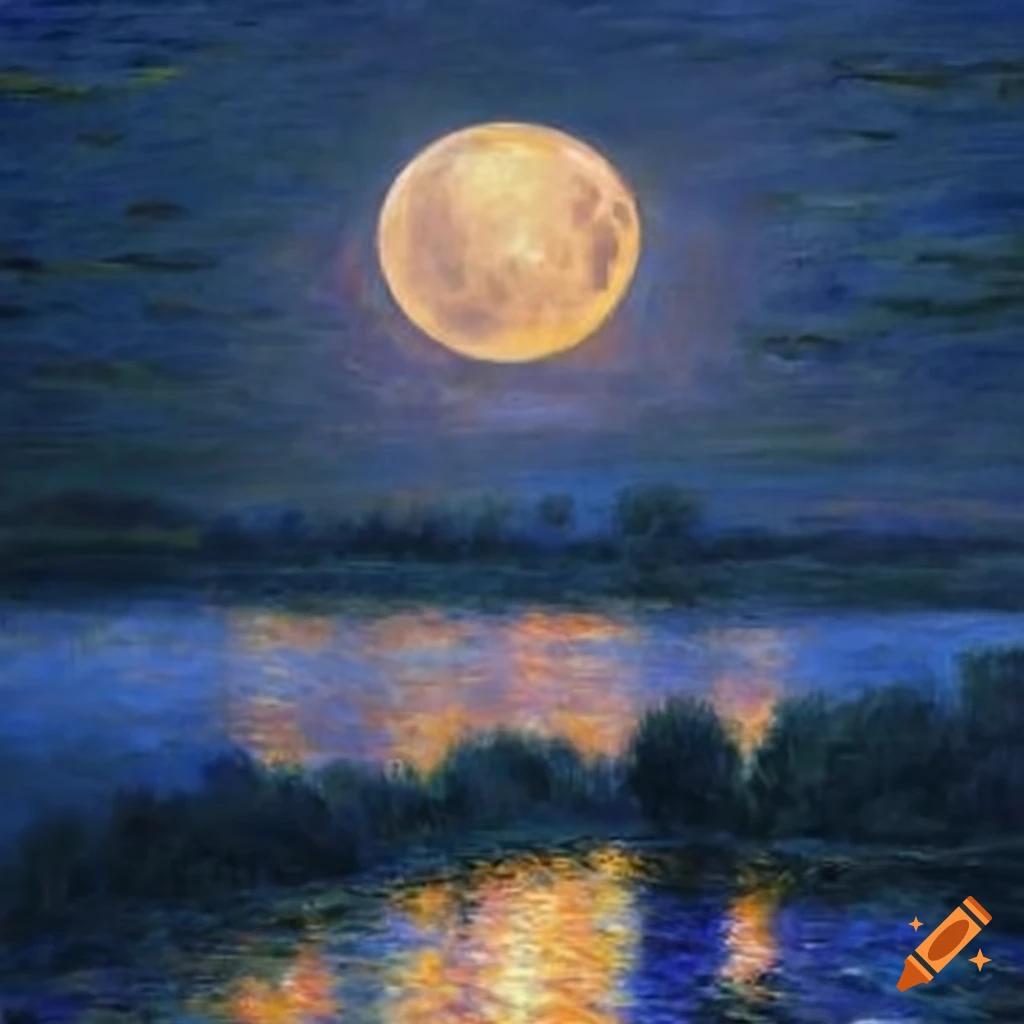 The moon shines over the river volga in style of monet art