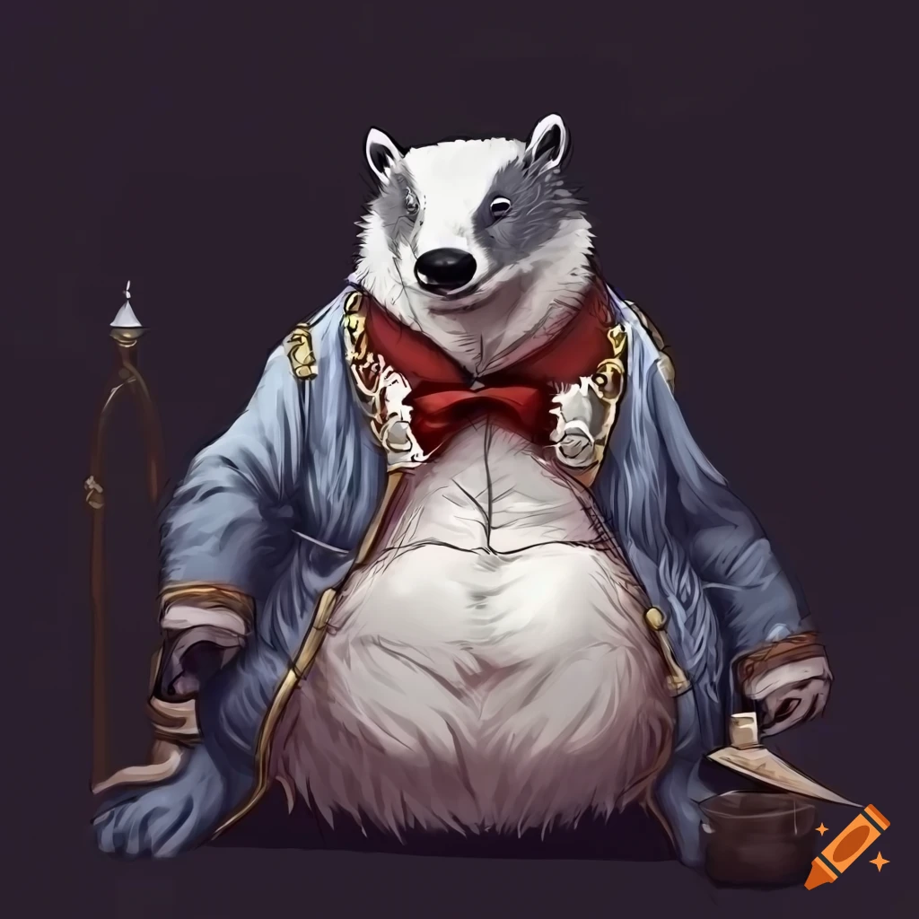A fat bloated gluttonous anthro badger king wearing a royal coat with ...