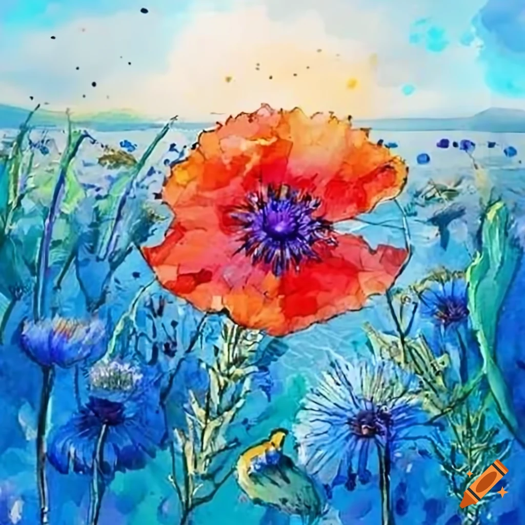 Vivid watercolor, cornflowers, poppies, bright summer landscape ...