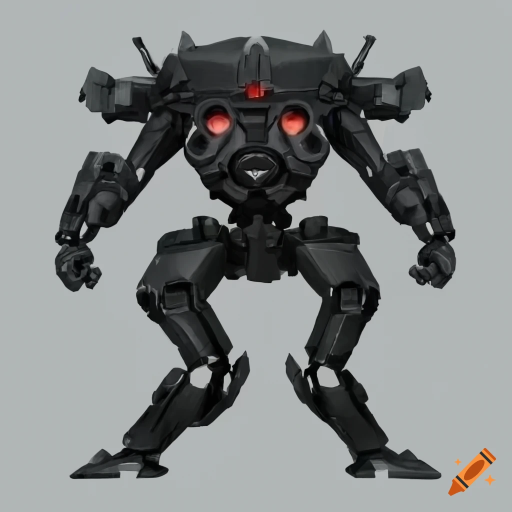 Realistic rotund black mecha front view on Craiyon