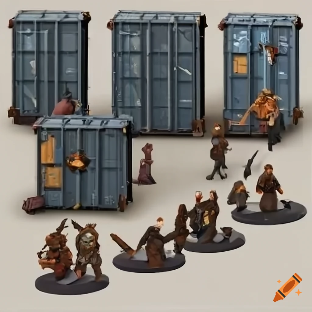 A group of adventurers in front of a shipping container in a dungeons ...
