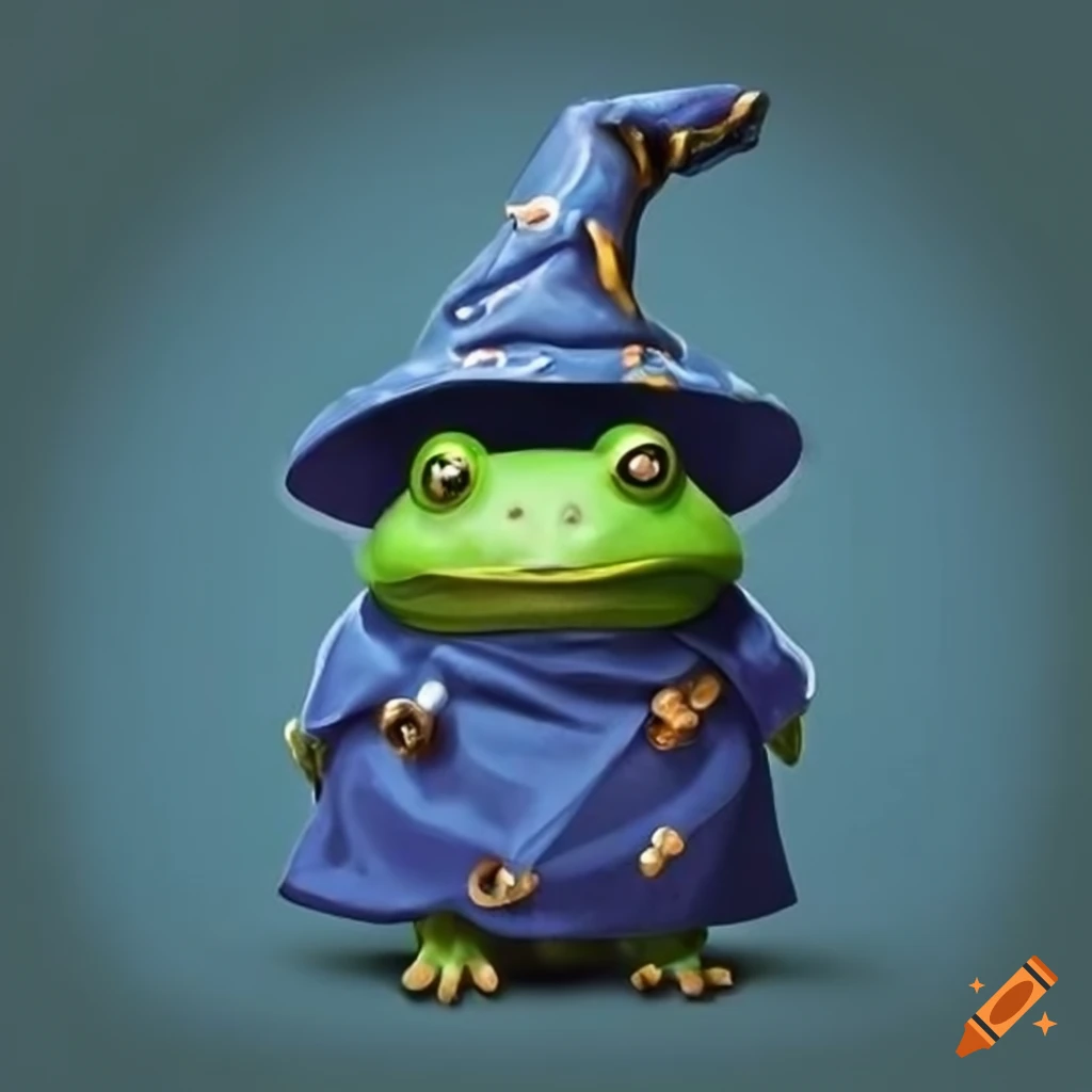 Small chubby frog wizard in a dark blue robe and floppy hat on Craiyon