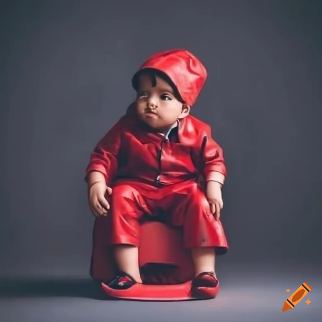 Indian toddler boy in red leather suit sitting on his small potty