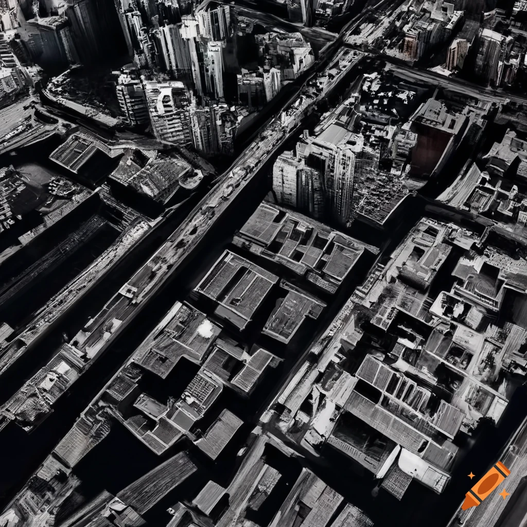 2d top view of an urban area with strong shadows in monochrome