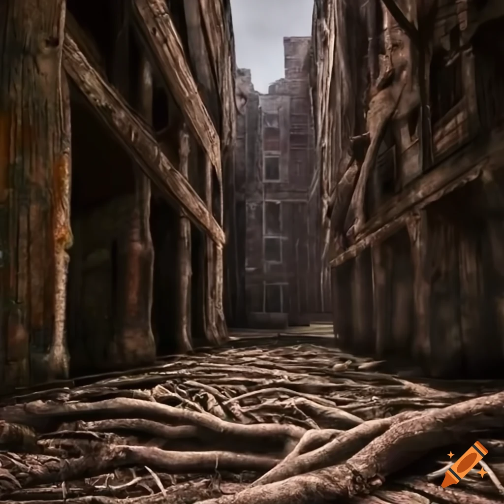 Fallout building with tree roots