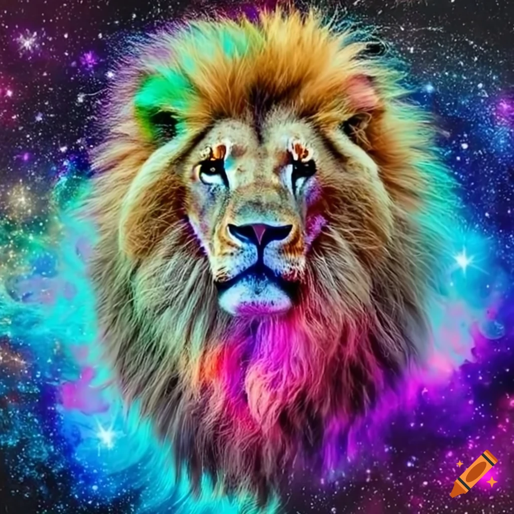 A proud lion with cosmic-space-inspired vibrant and colorful