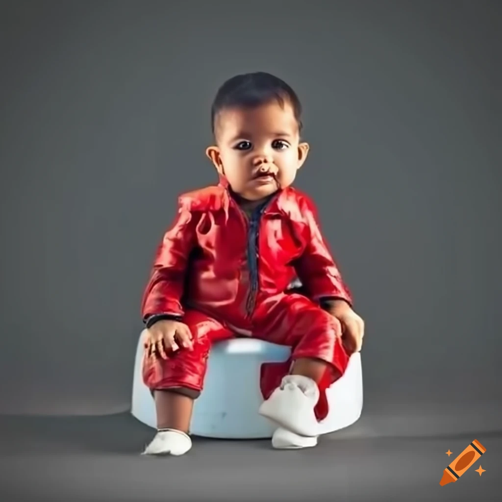 Indian toddler boy in red leather suit sitting on his small potty