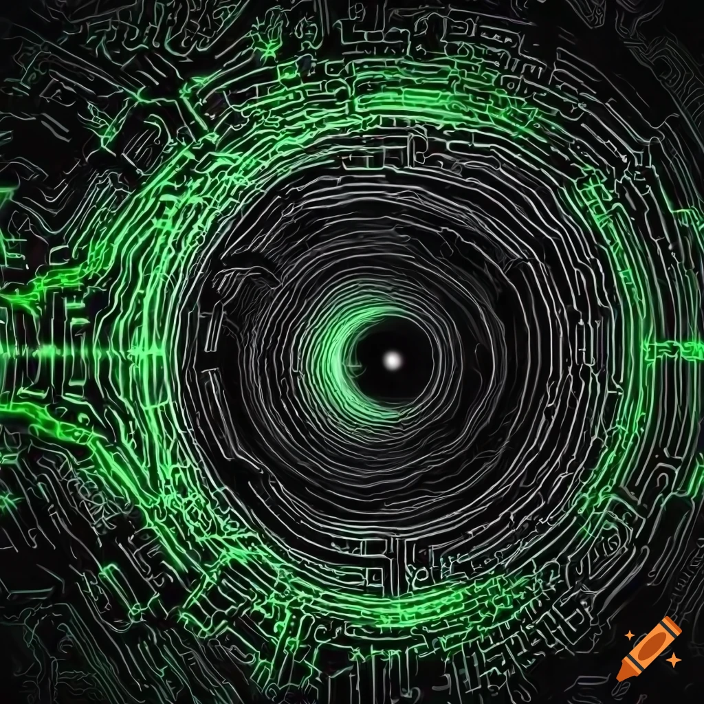 An abstract image of a black void and glowing green wireframes and glyphs representing an ...