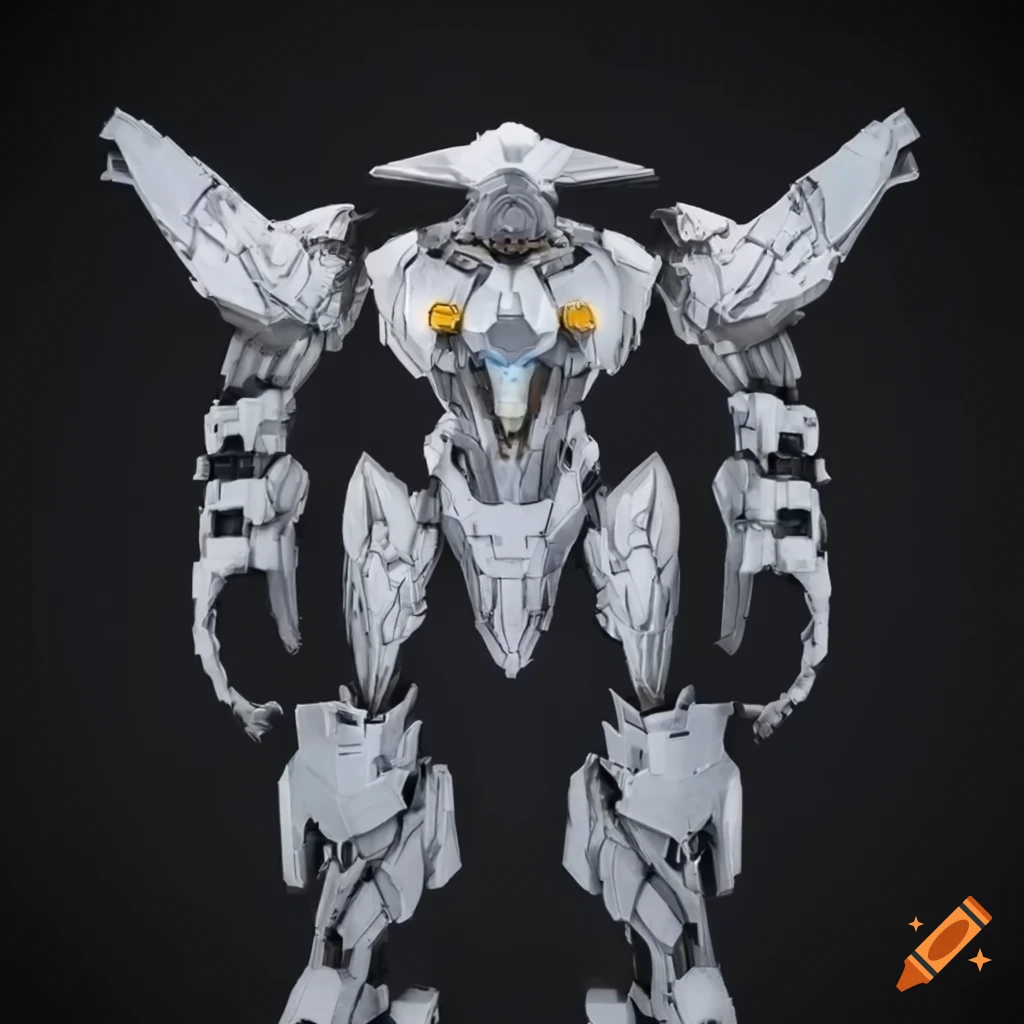Realistic celestial white gigantic mecha front view