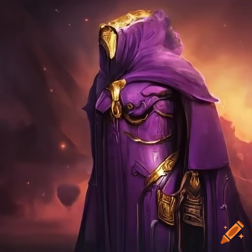 Futuristic, concept art, sci-fi, herald, purple robe, gold mask, scroll ...