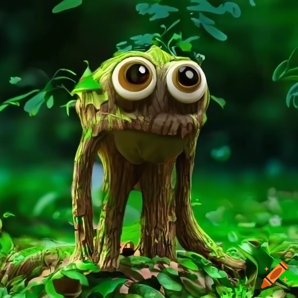 Cute stylized little tree monster with big leaves and smooth bark on ...