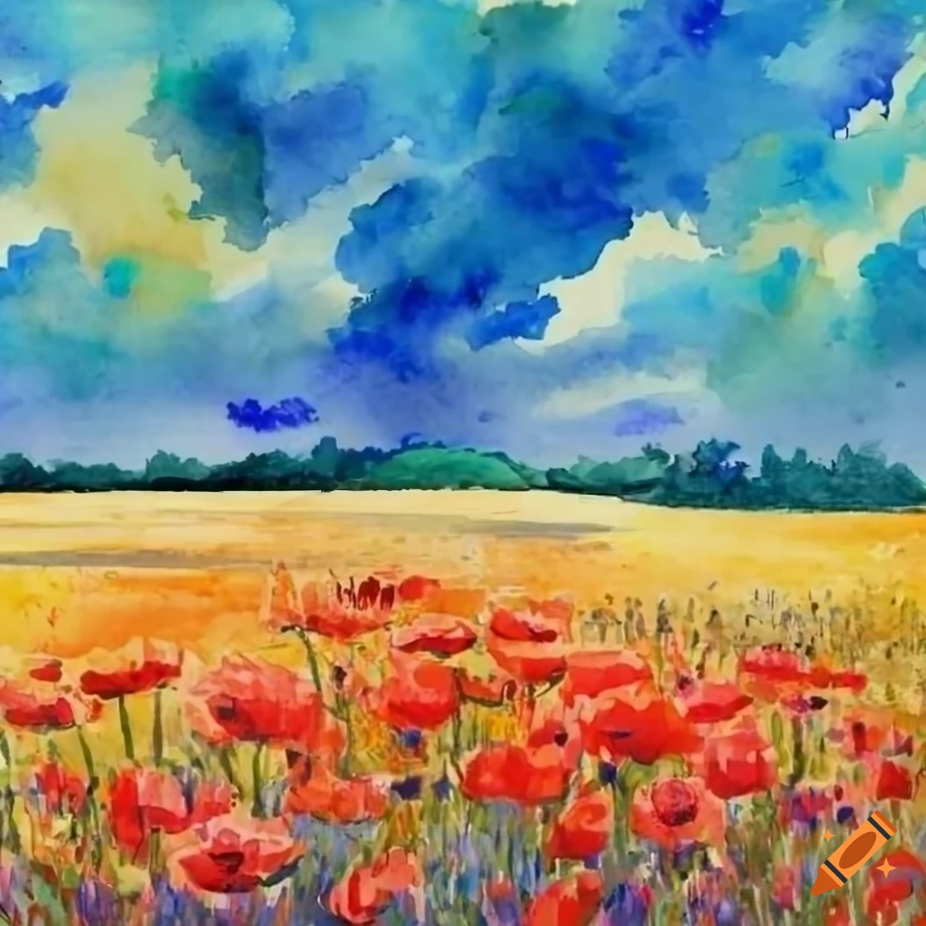 Vivid watercolor, cornflowers, poppies, bright summer landscape ...