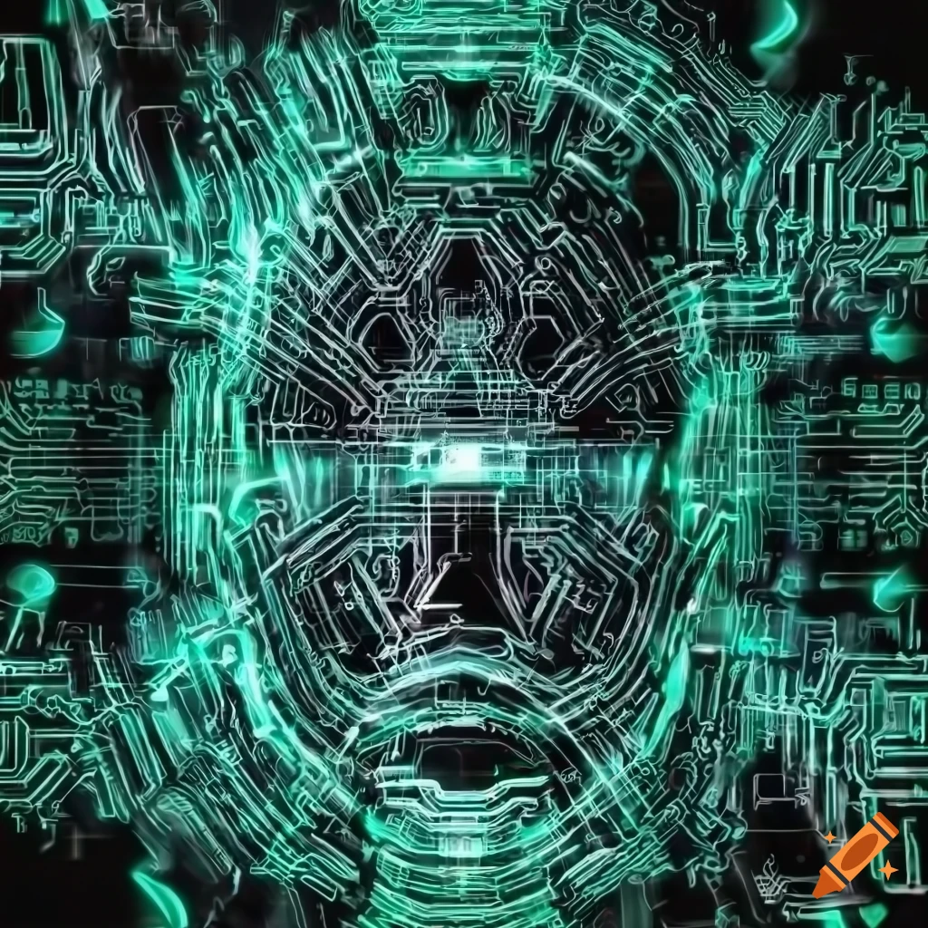 An abstract image of a black void and glowing green wireframes and glyphs representing an ...