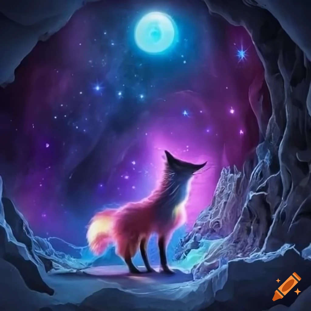 Celestial fox in a crystal cave, dim lighting on Craiyon