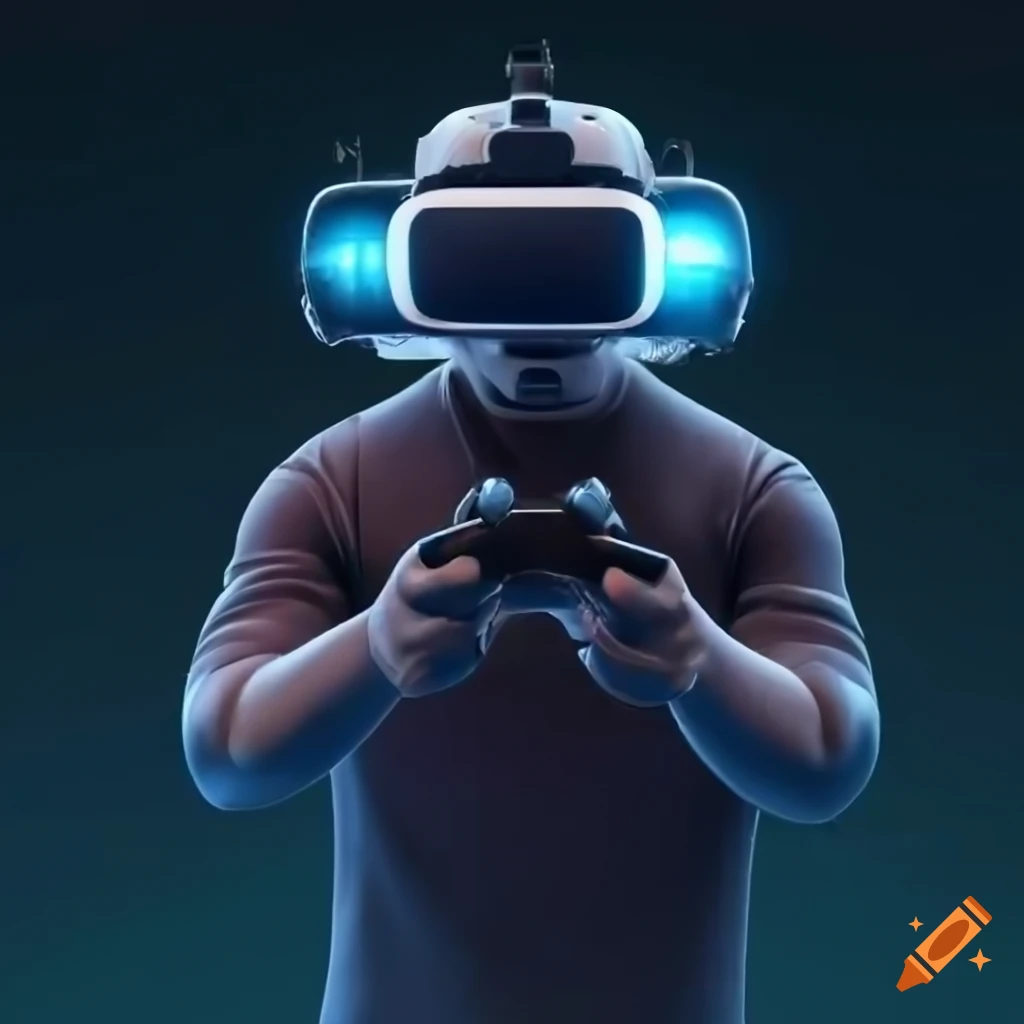 A 3d model wearing vr headset and holding joystick in space front full ...