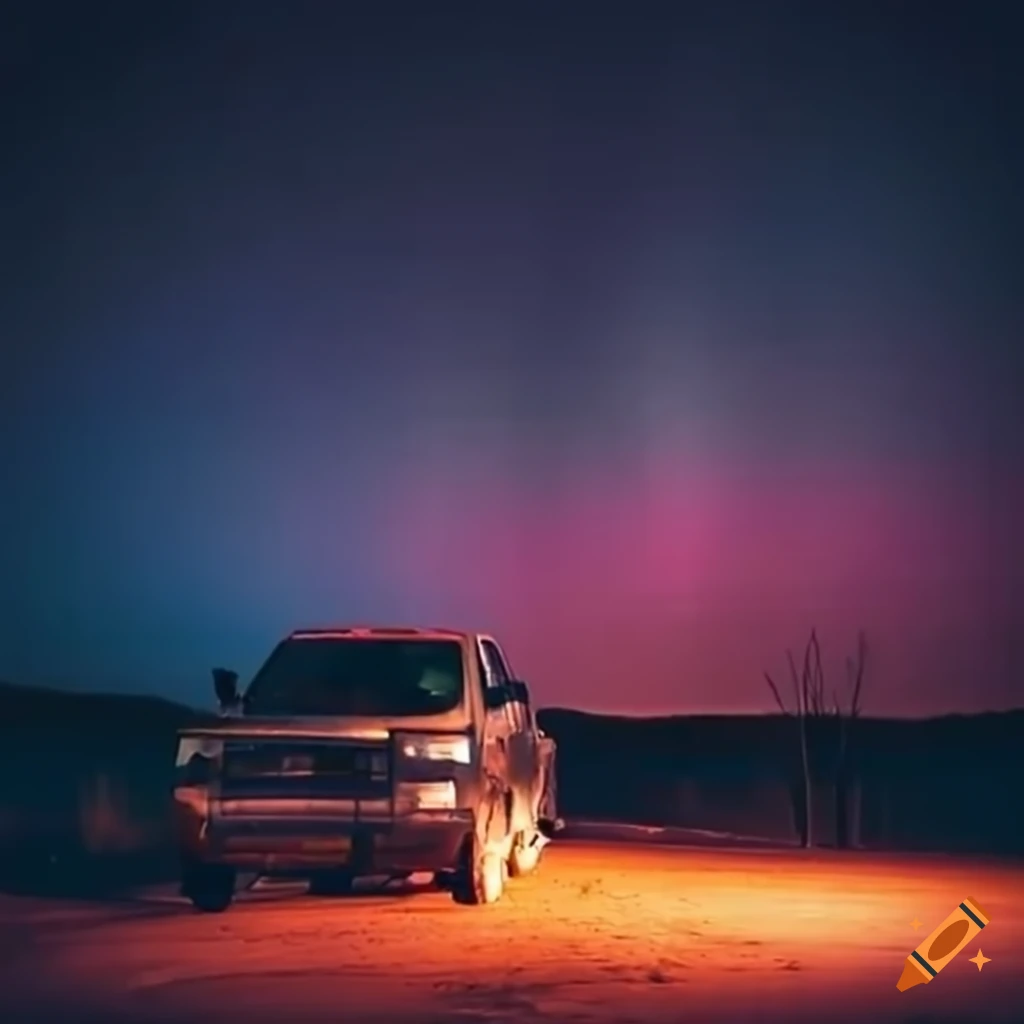 A couple in a pickup truck lost and alone in a highway at night on Craiyon