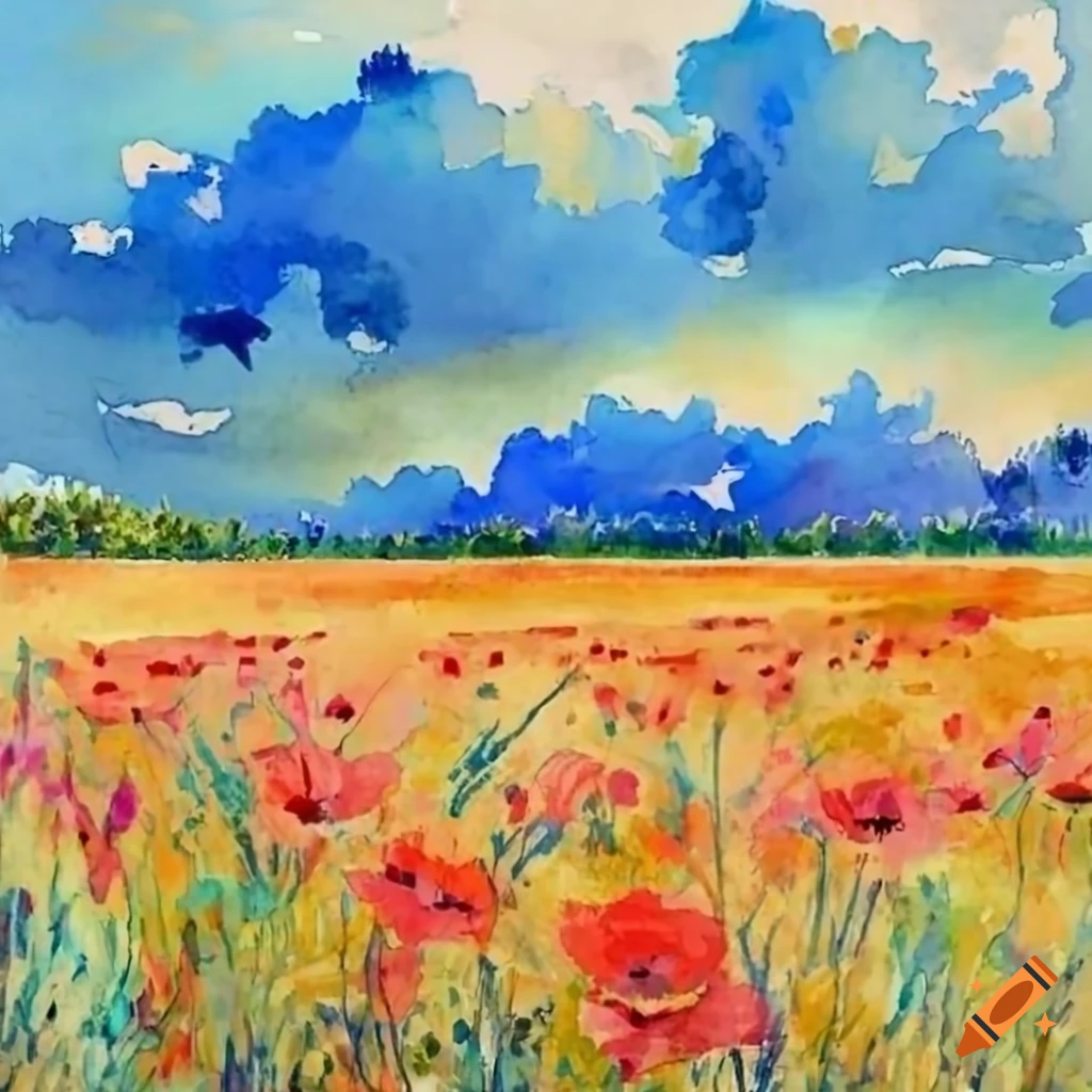 Vivid watercolor, cornflowers, poppies, bright summer landscape ...
