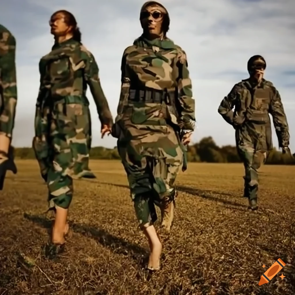 People in camouflage clothing marching through a field, wide angle ...
