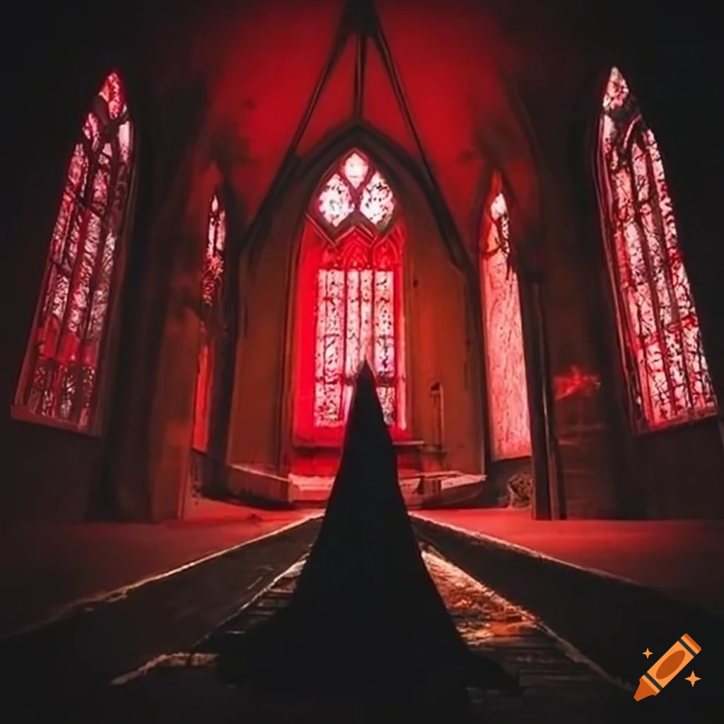 Creepy photo broken down church with a blood red sky on Craiyon