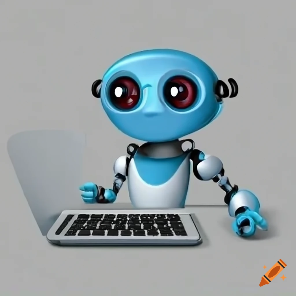Cute little 3d robot using a laptop