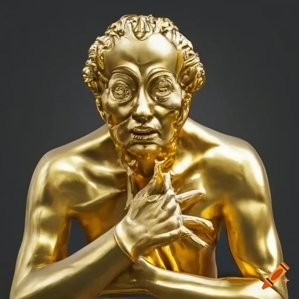 An imposing golden statue of a generous man with a kind expression on ...