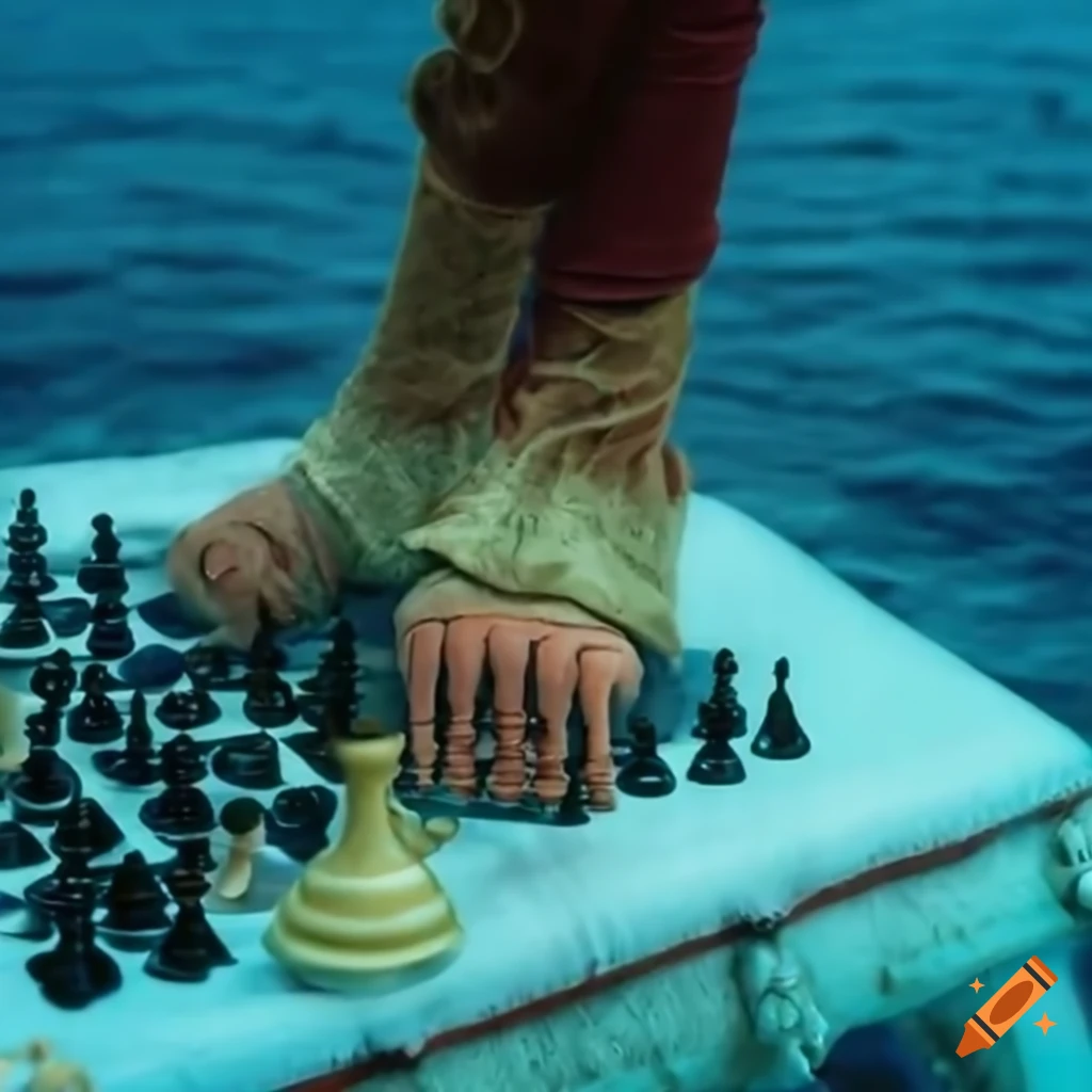 Willy wonka playing chess with johnny knoxville on a raft in the middle ...