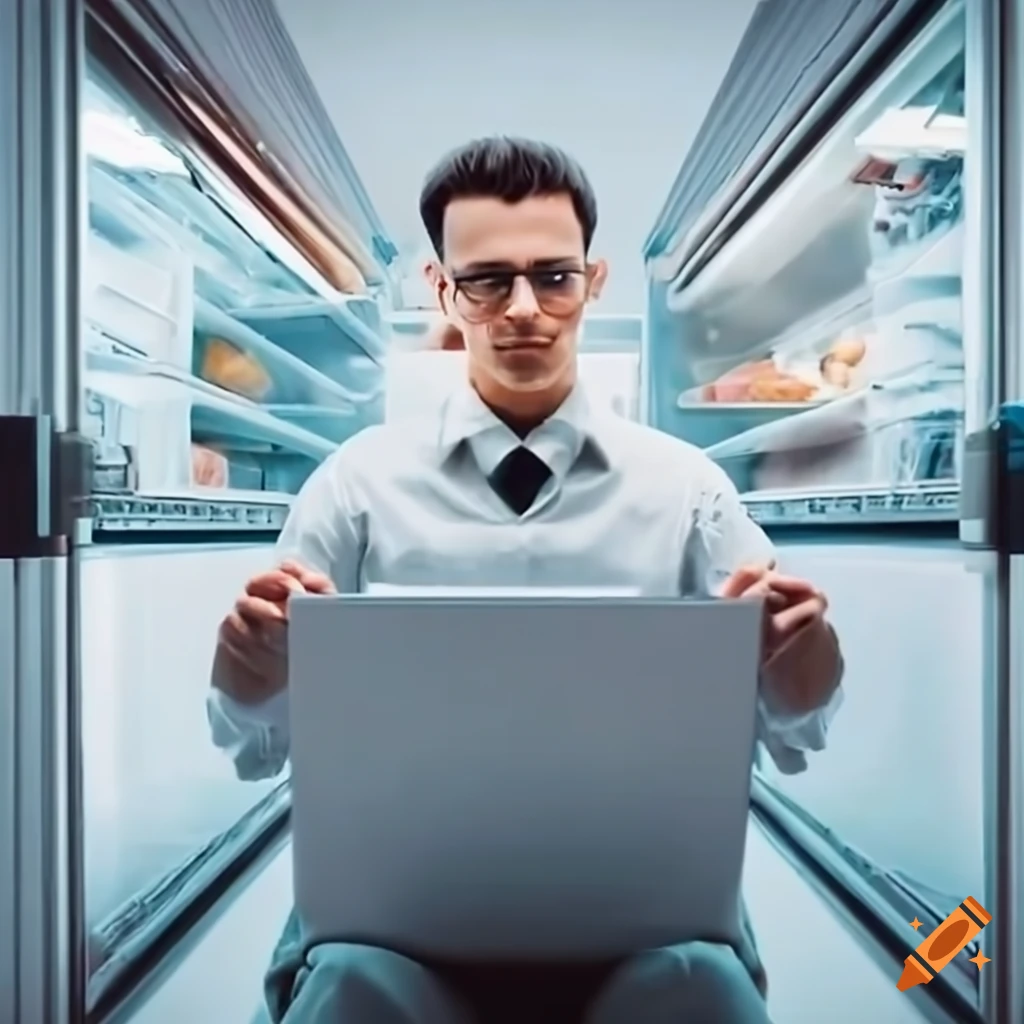 Office worker typing in a walk in freezer
